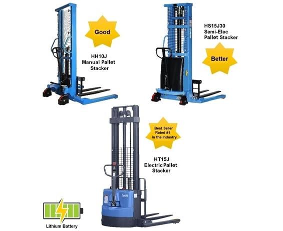 Pallet Stackers That Are Manual, Semi-Electric And Full Electric W/Adjustable Base LegsMotion Savers